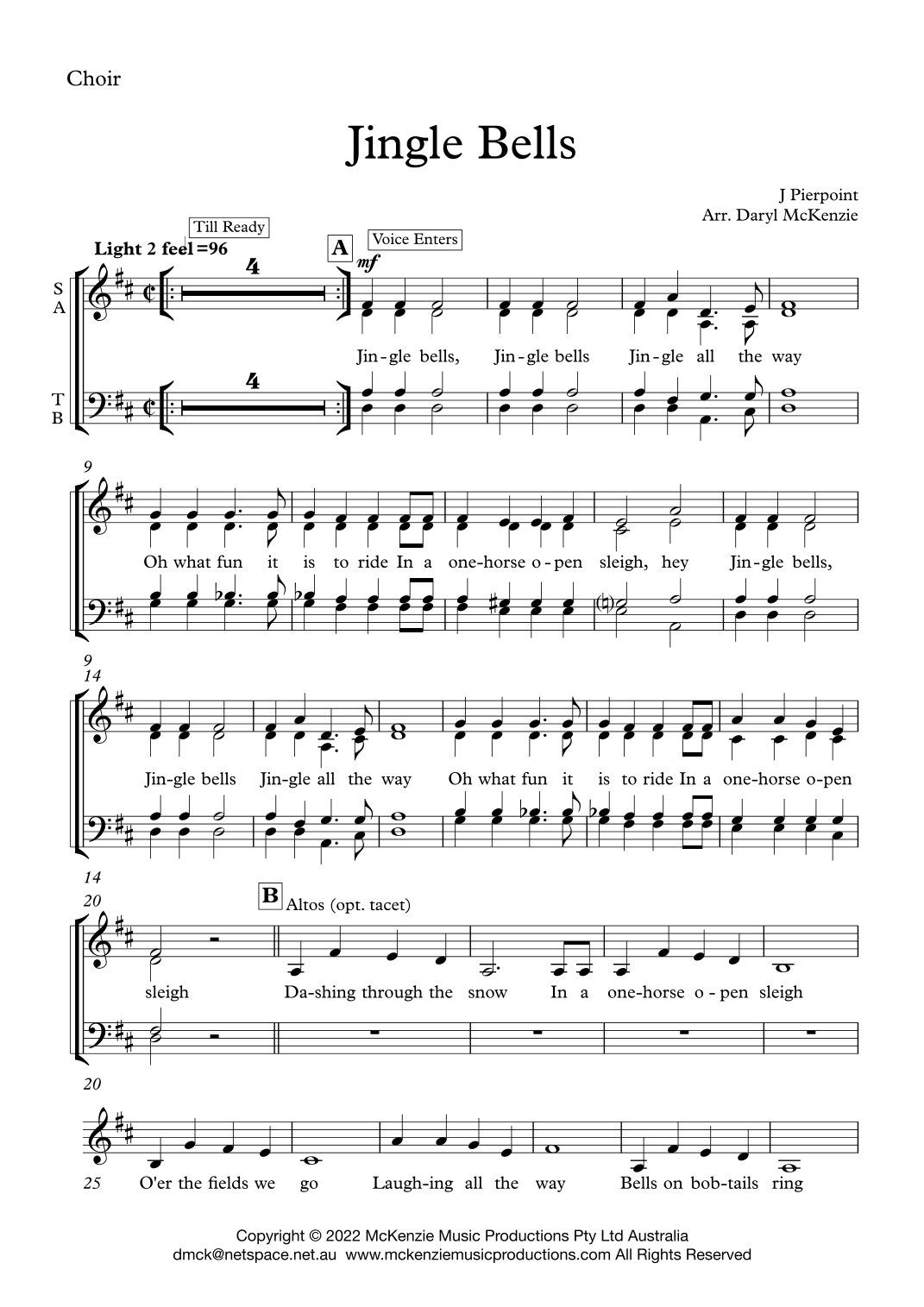 Jingle Bells Vocal Choir Parts for Pops Orchestra arrangement Key of D ...