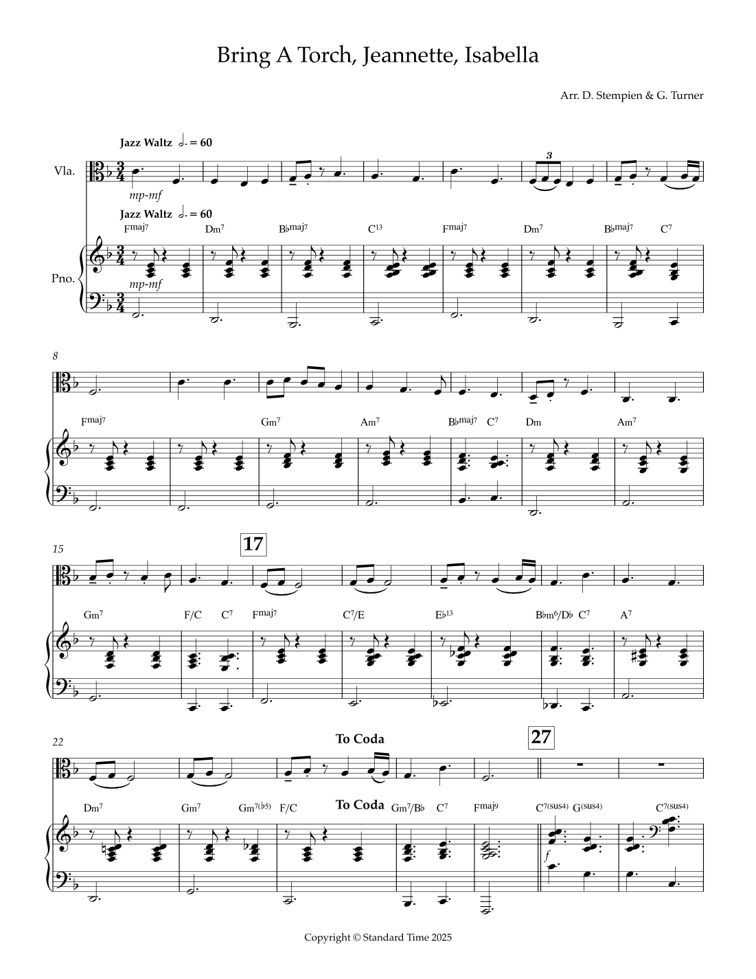 Bring A Torch, Jeannette, Isabella -- Jazz Waltz Viola Solo with Piano ...