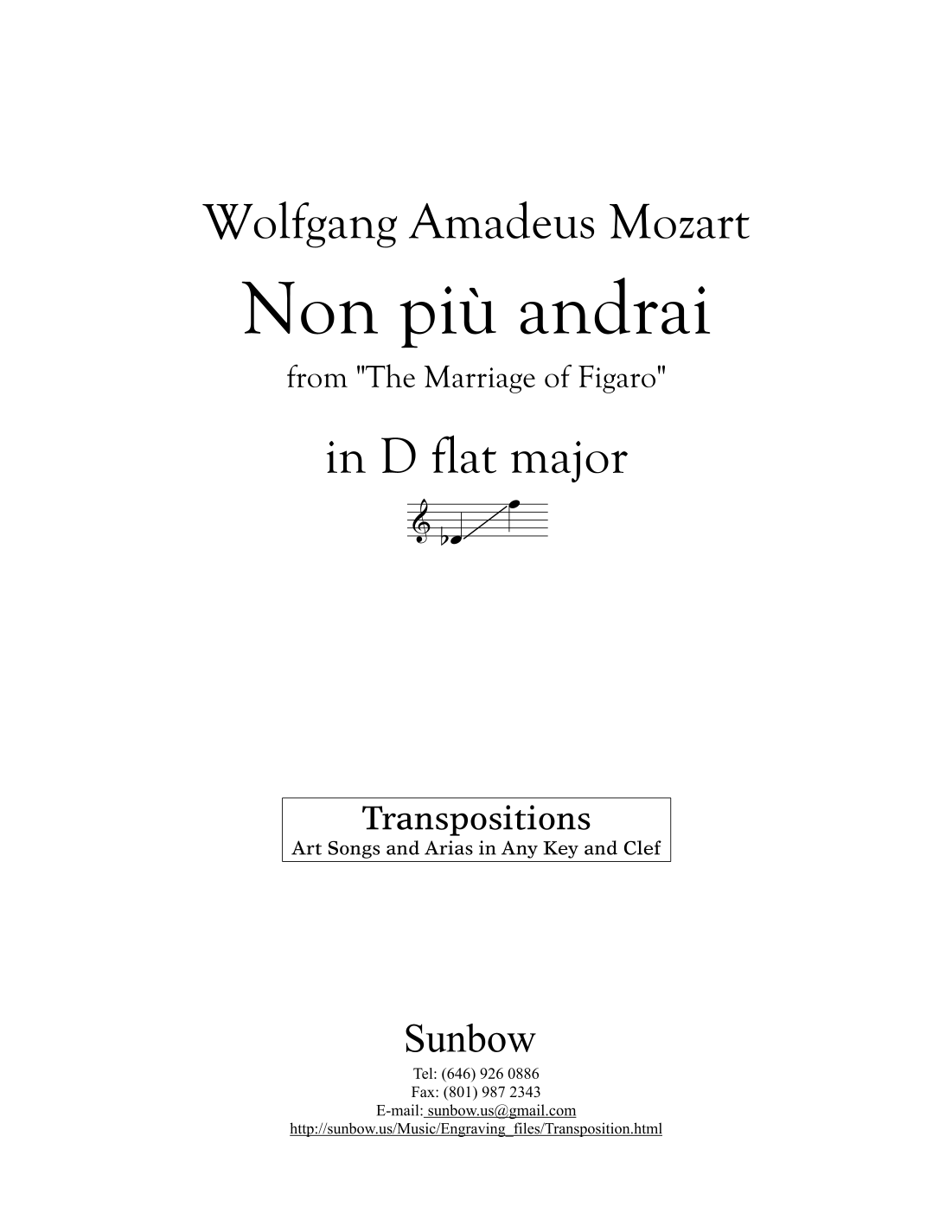 Mozart: Non più andrai (Transposed to D flat Major, treble clef) (arr ...