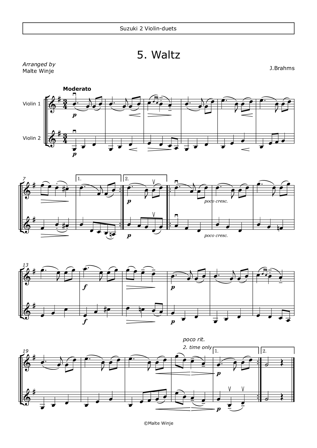 Waltz (arr. Malte Winje) par Johannes Brahms Partitions pour Violon duo ...