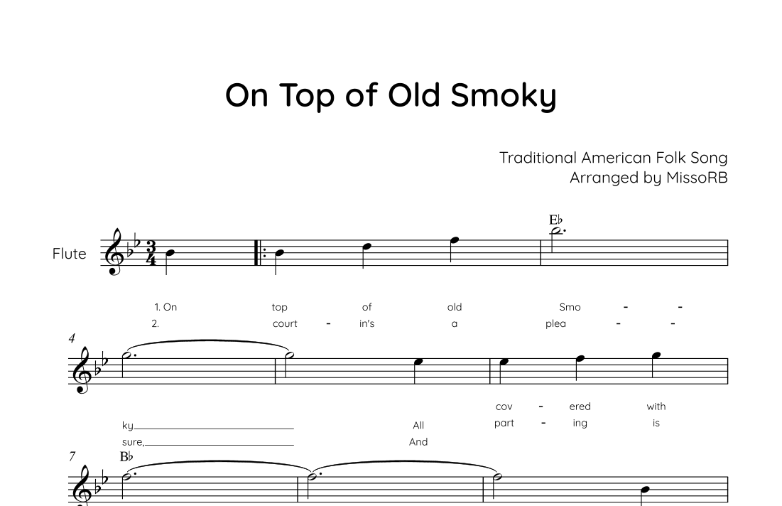 On Top of Old Smoky - Flute in Bb With Chords & Lyric - Easy (arr ...