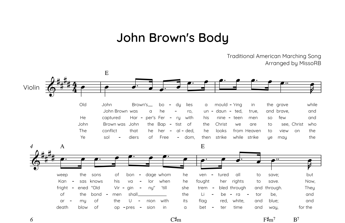 John Brown's Body - Violin in E With Chords & Lyric (arr. MissoRB) by ...