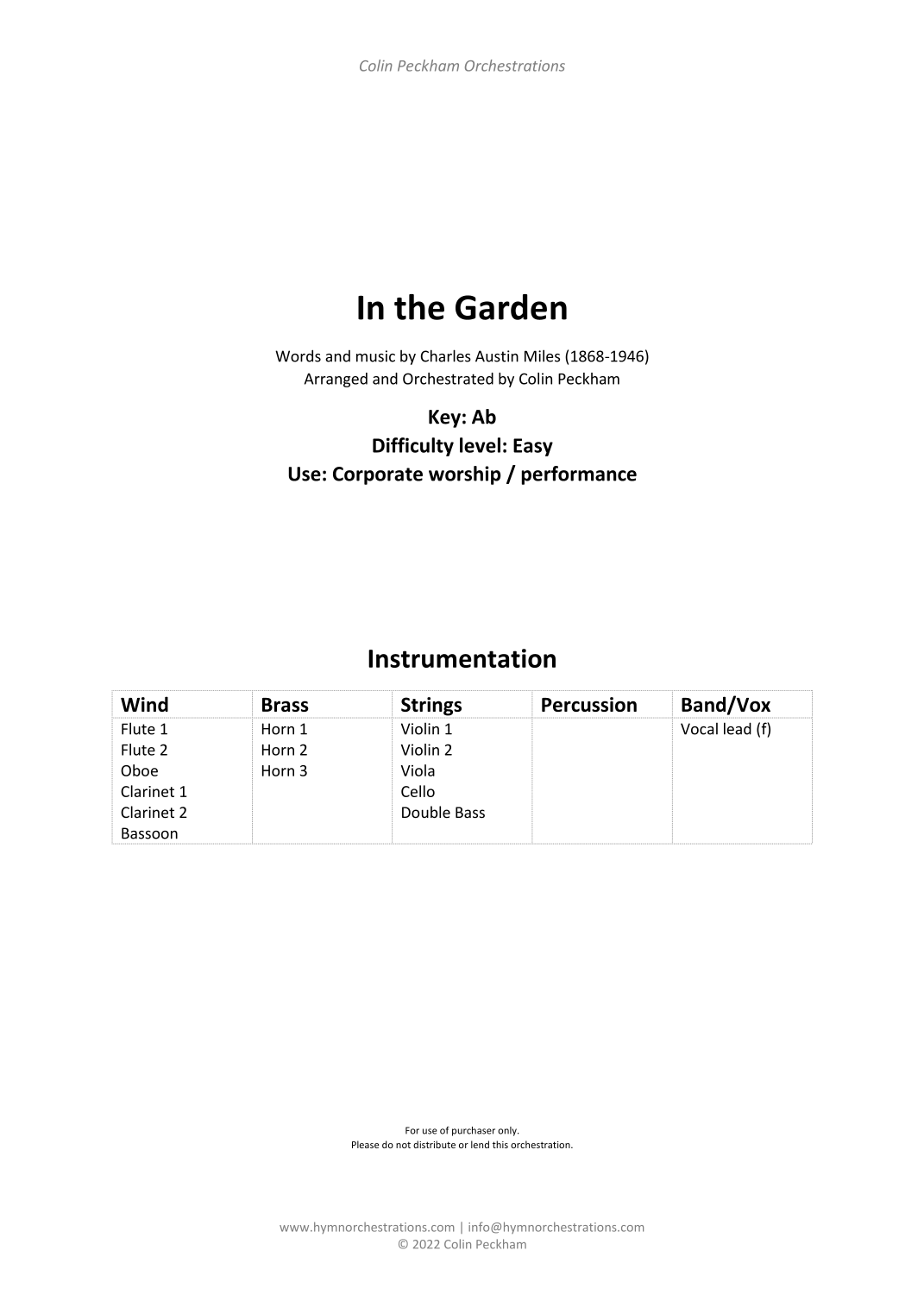 In the Garden (I come to the garden alone) (arr. Colin Peckham) by ...