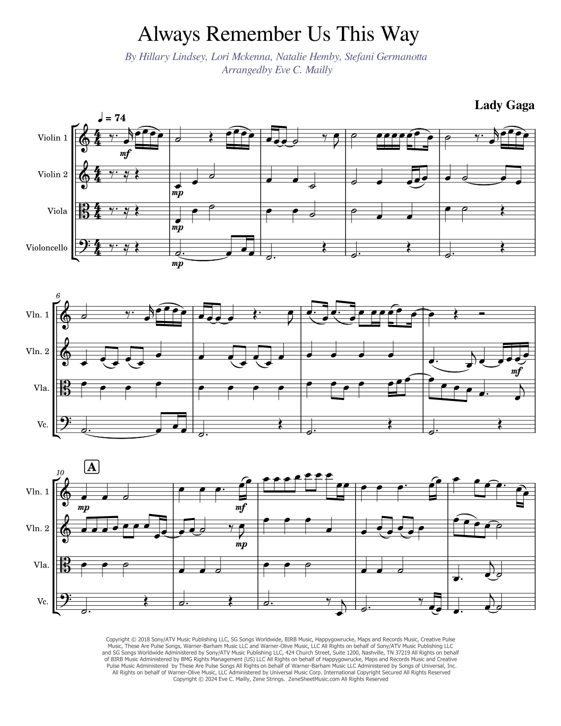 Always Remember Us This Way (arr. Eve C. Mailly - Zene Strings) by Lady ...