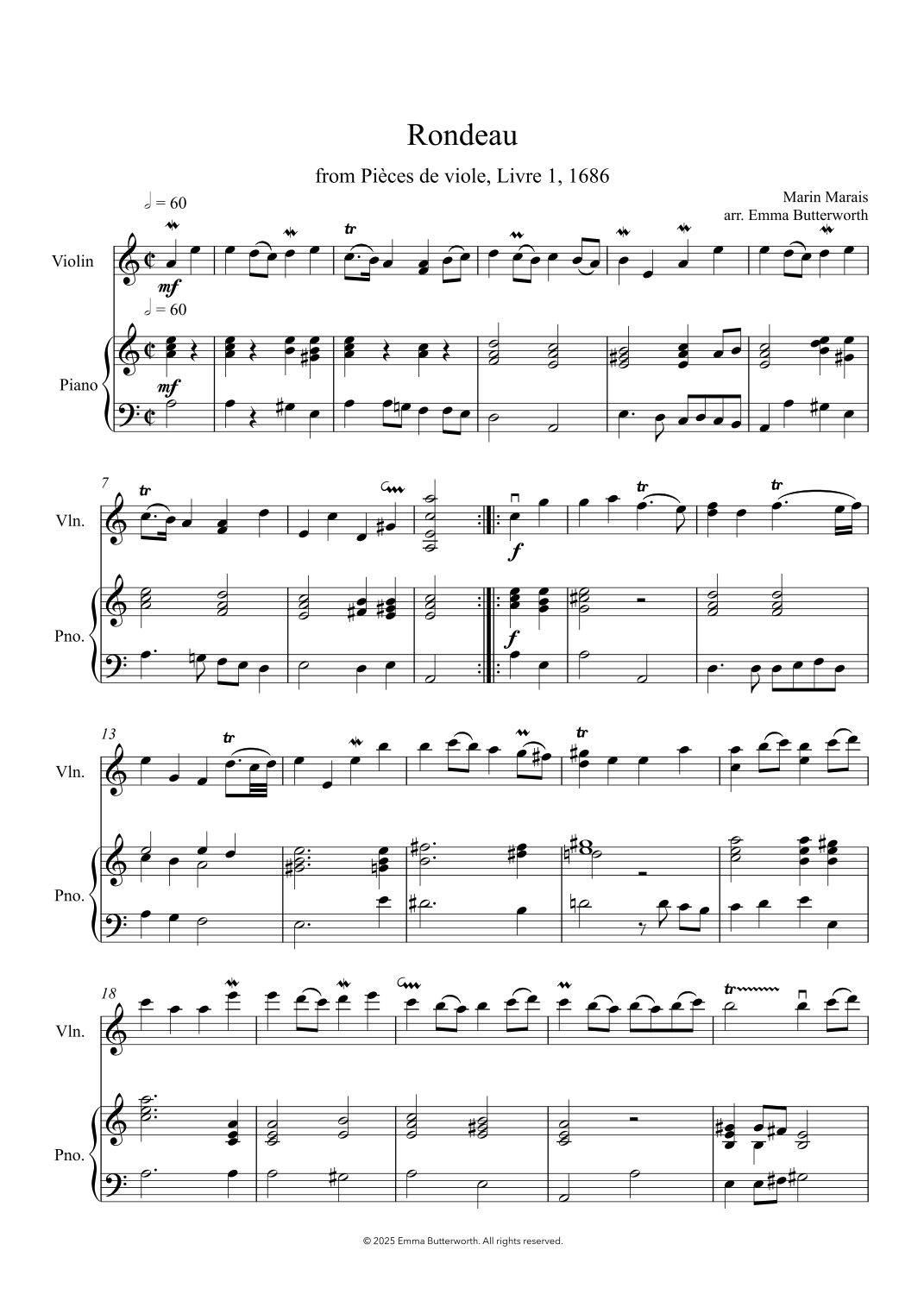 Rondeau (Lully Gavotte) (arr. Emma Butterworth) by Marin Marais Sheet ...