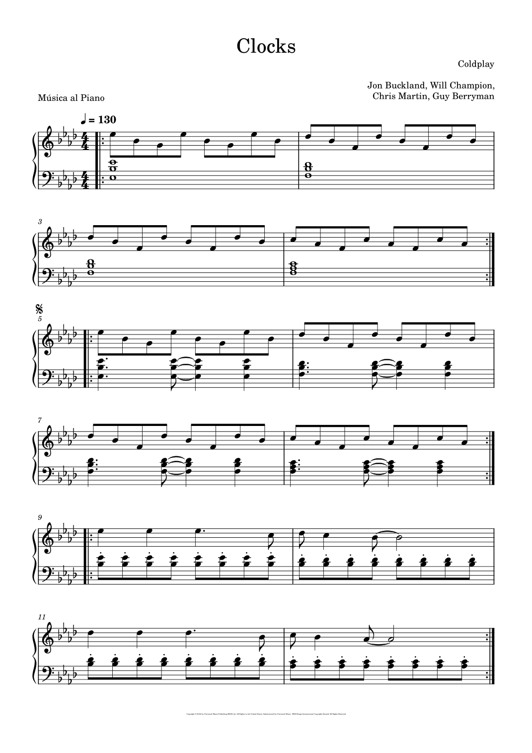 Clocks (arr. Música al Piano) by Coldplay Sheet Music for Easy Piano at ...