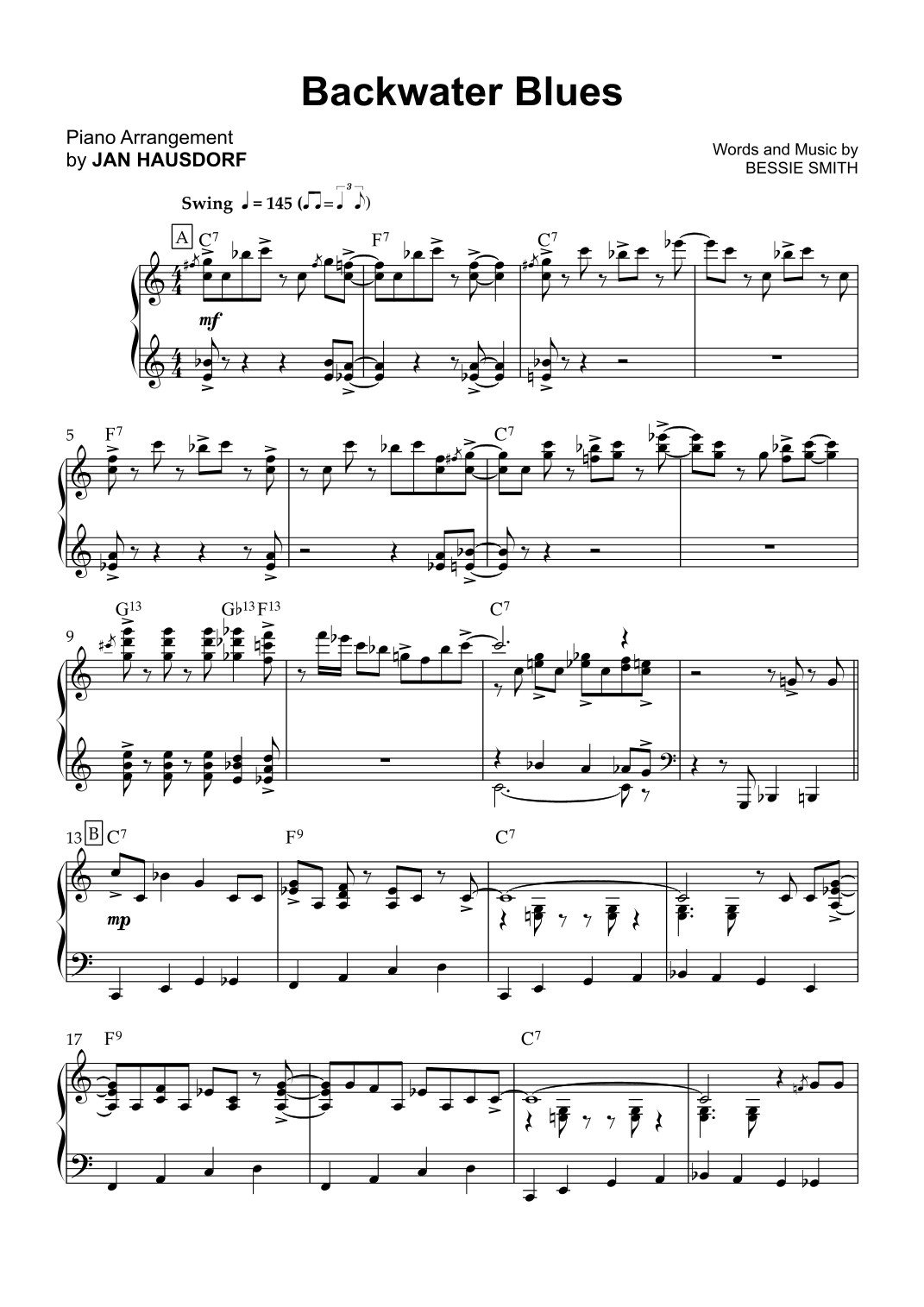 Backwater Blues (arr. Jan Hausdorf) by Bessie Smith Sheet Music for ...