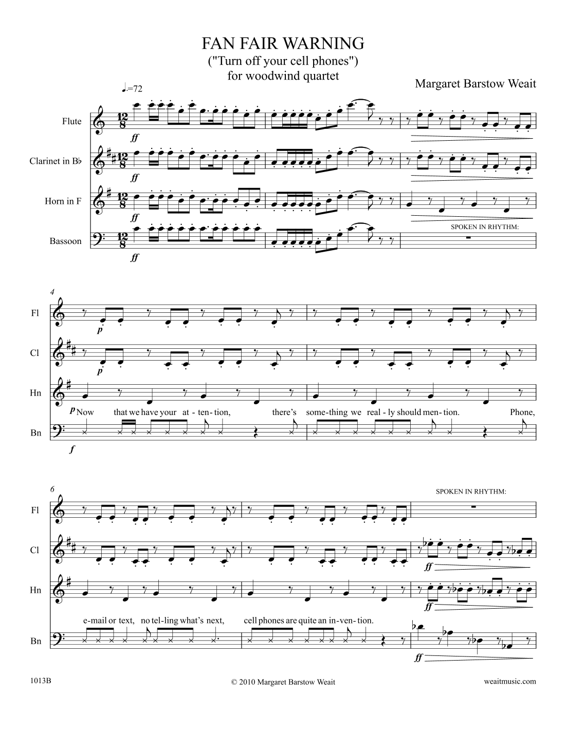 Fan Fair Warning for woodwind quartet (1’39) by Margaret B. Weait Sheet ...
