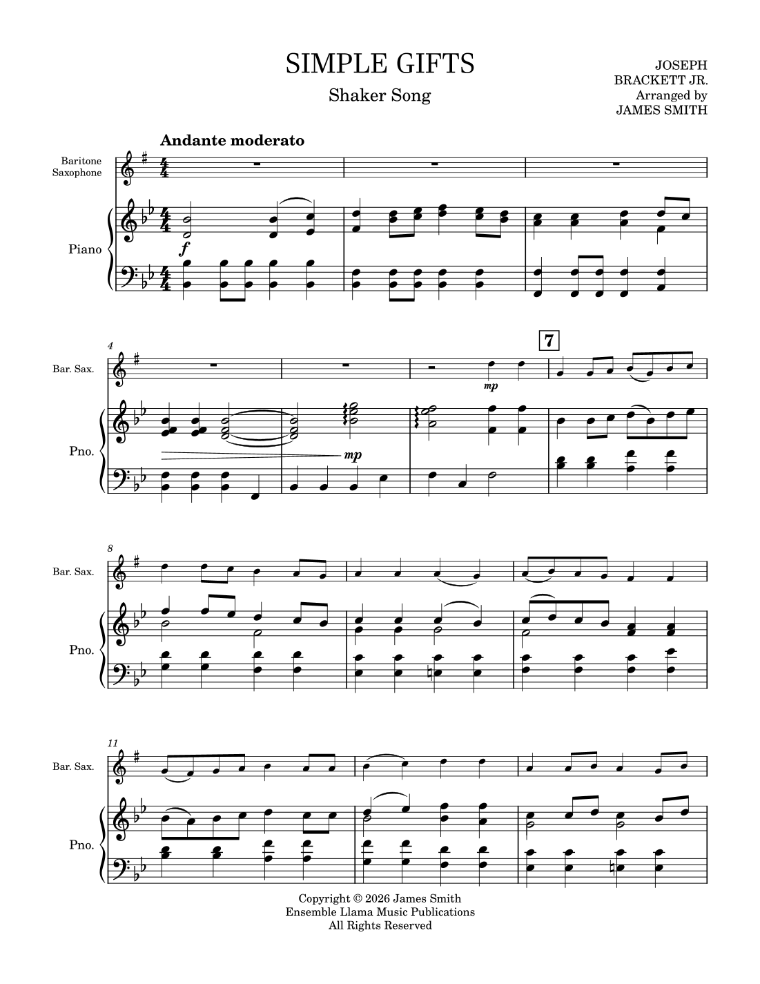 Simple Gifts - Arranged for Baritone Sax Solo & Piano Accompaniment ...