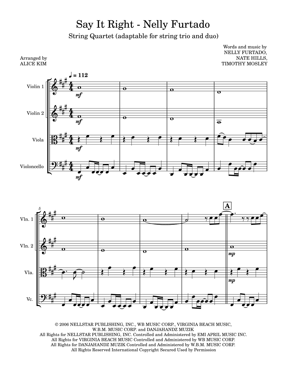 Say It Right (arr. Alice Kim) par Nelly Furtado Partitions pour Quatuor ...