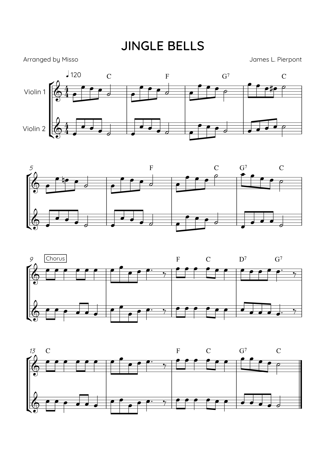 Jingle Bells - Violin Duet in C Major (Easy With Chords) (arr. MissoRB ...