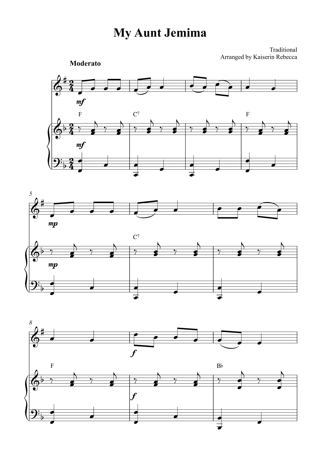 My Aunt Jemima (arr. Kaiserin Rebecca) by Traditional Sheet Music for ...