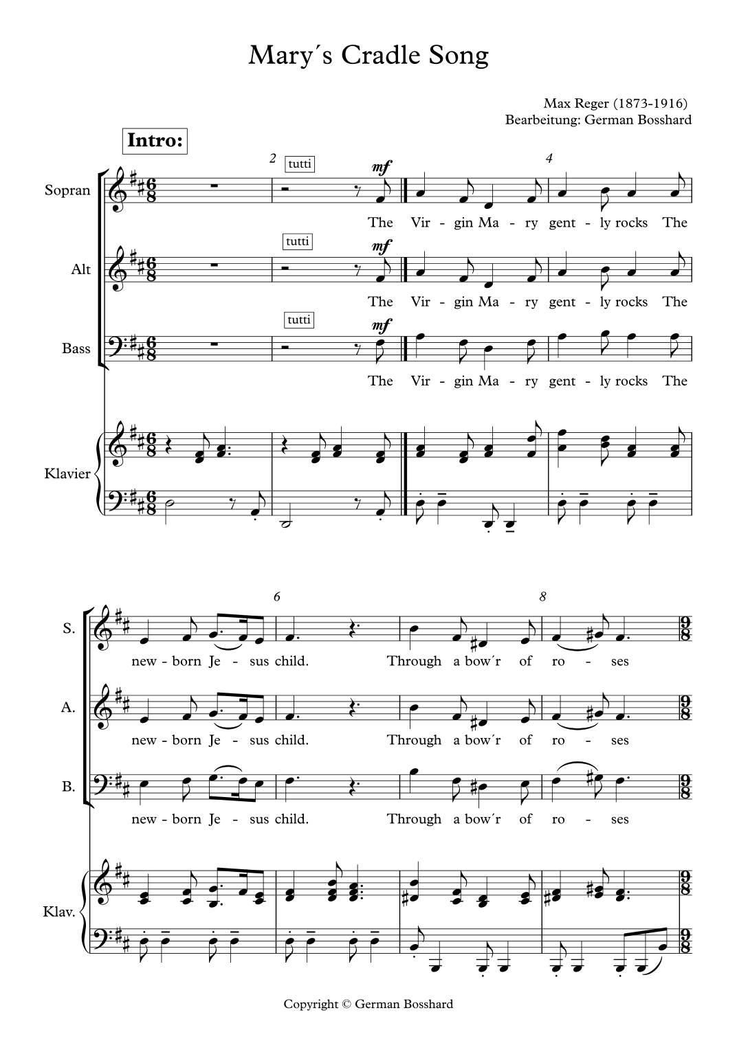 Mary´s Cradle Song (arr. German Bosshard) par Max Reger (1873-1916 ...