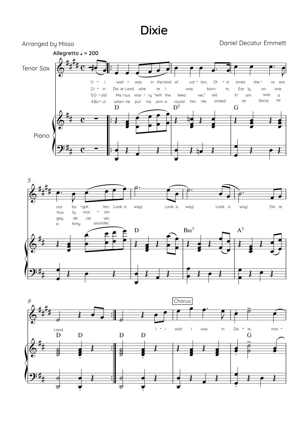 Dixie - Tenor Sax & Piano in D Major With Lyric (arr. MissoRB) by ...
