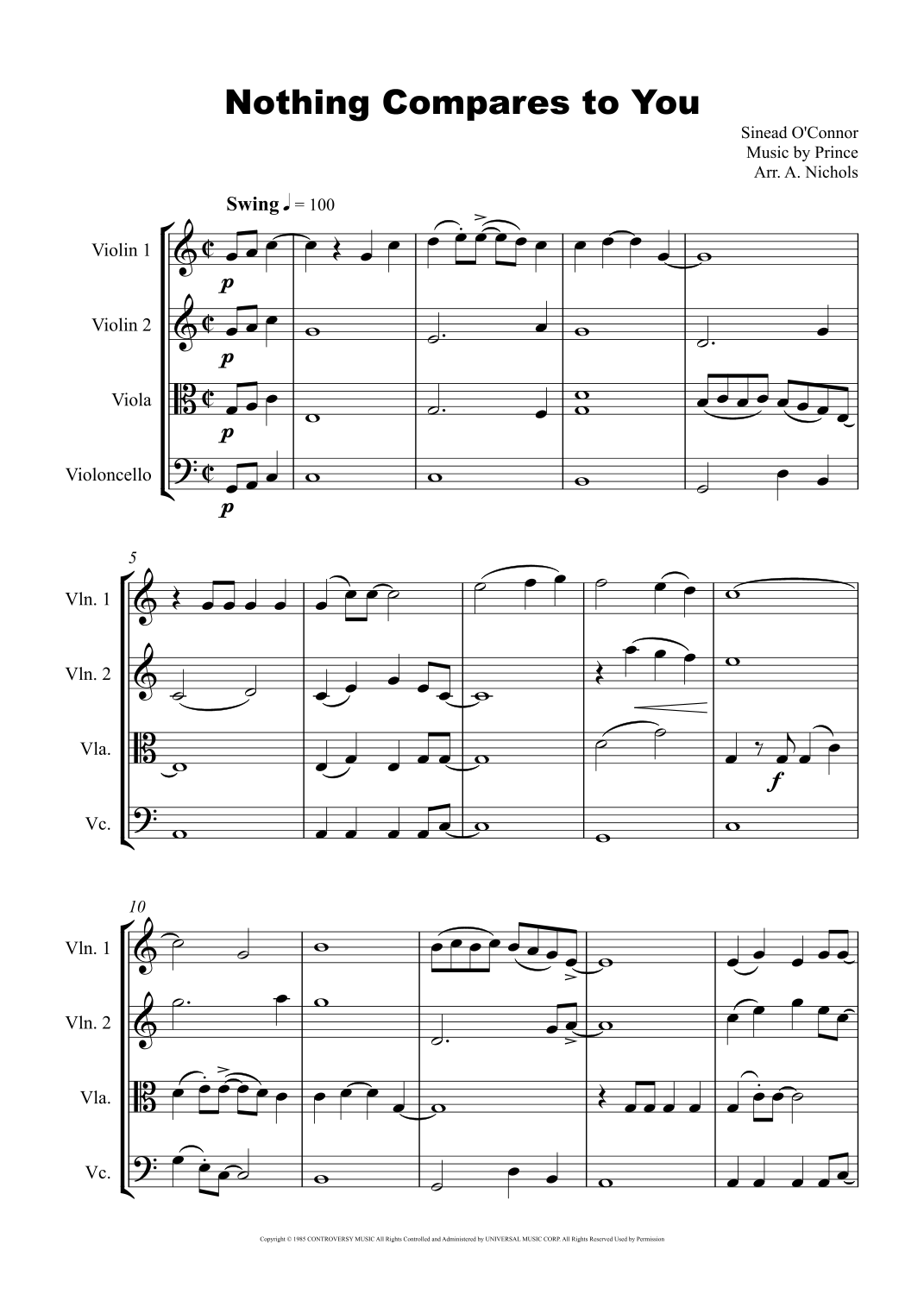 Nothing Compares 2 U (arr. A. Nichols) por Sinead O'Connor Partituras para Cuarteto de cuerda en ...