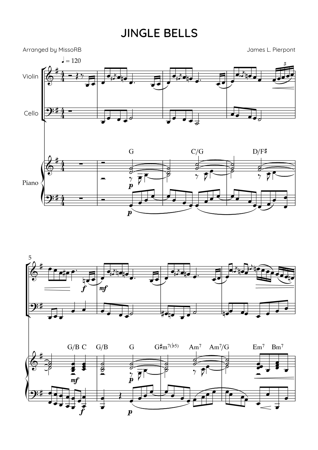 Jingle Bells - Violin, Cello & Piano in G Major (Advanced With Chords ...