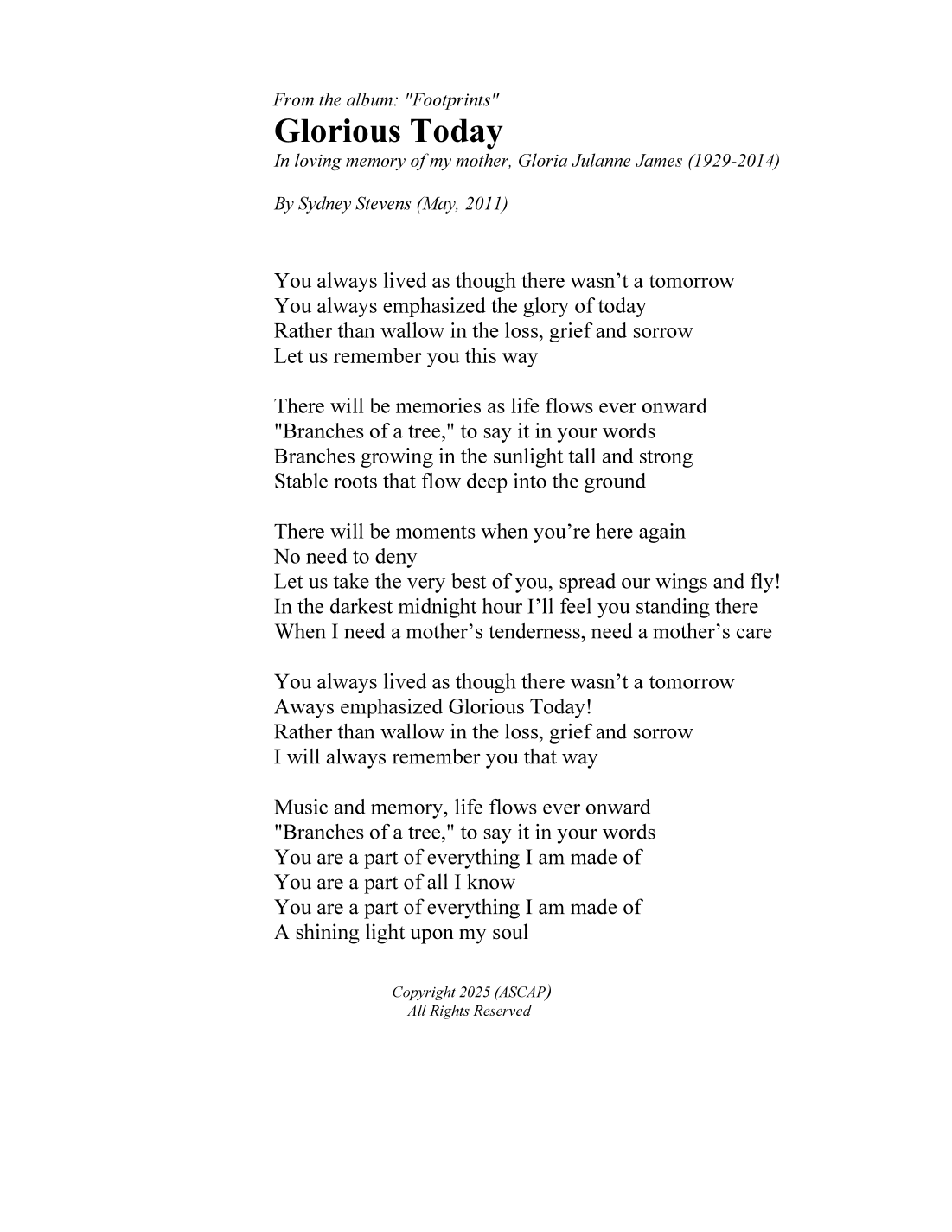 Glorious Today (Piano/Vocal/Vln) by Sydney Stevens Sheet Music for ...