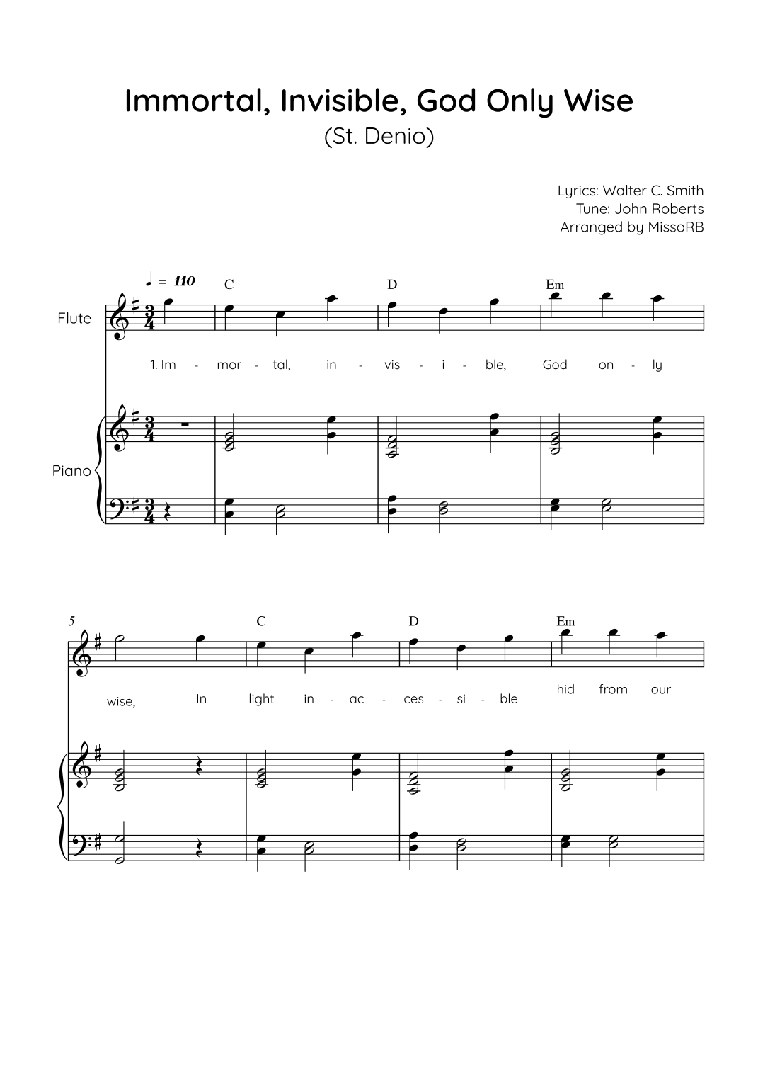 IMMORTAL, INVISIBLE, GOD ONLY WISE (ST. DENIO) - FLUTE WITH PIANO IN G ...