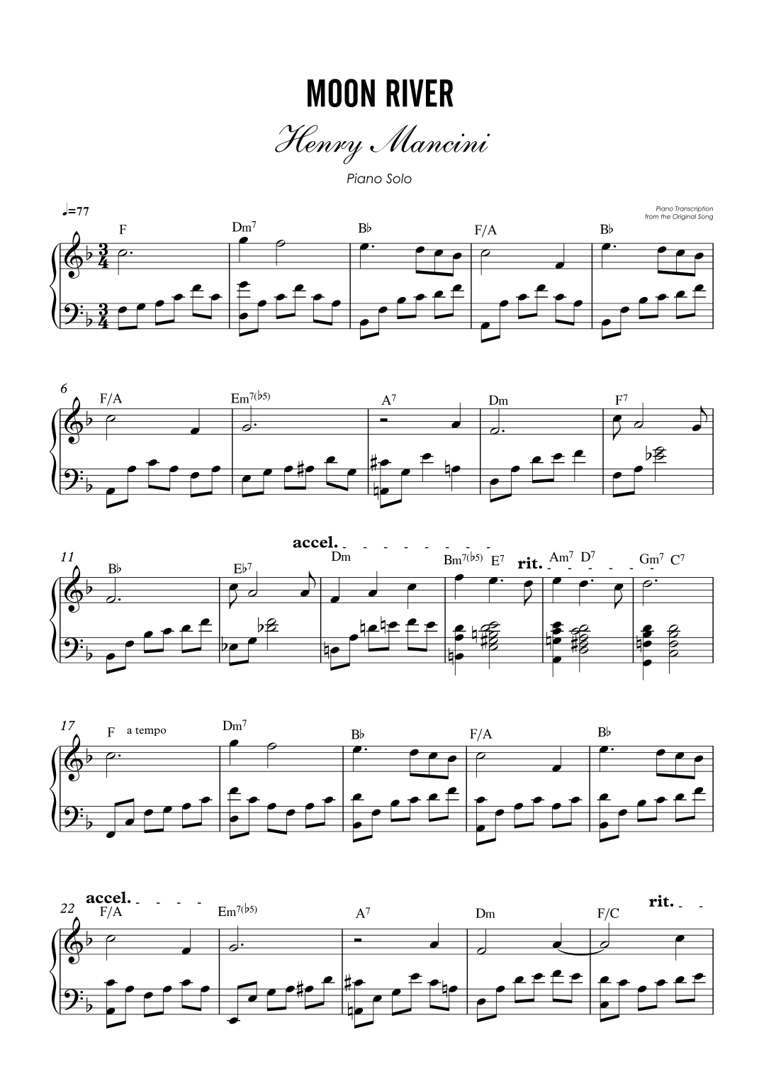 Moon River (arr. unimusica) by Andy Williams Sheet Music for Piano Solo ...