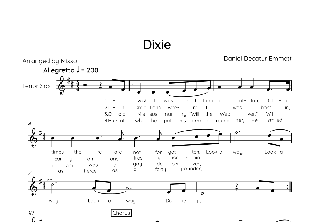Dixie - Tenor Sax in C Major With Lyric (arr. MissoRB) by Daniel ...