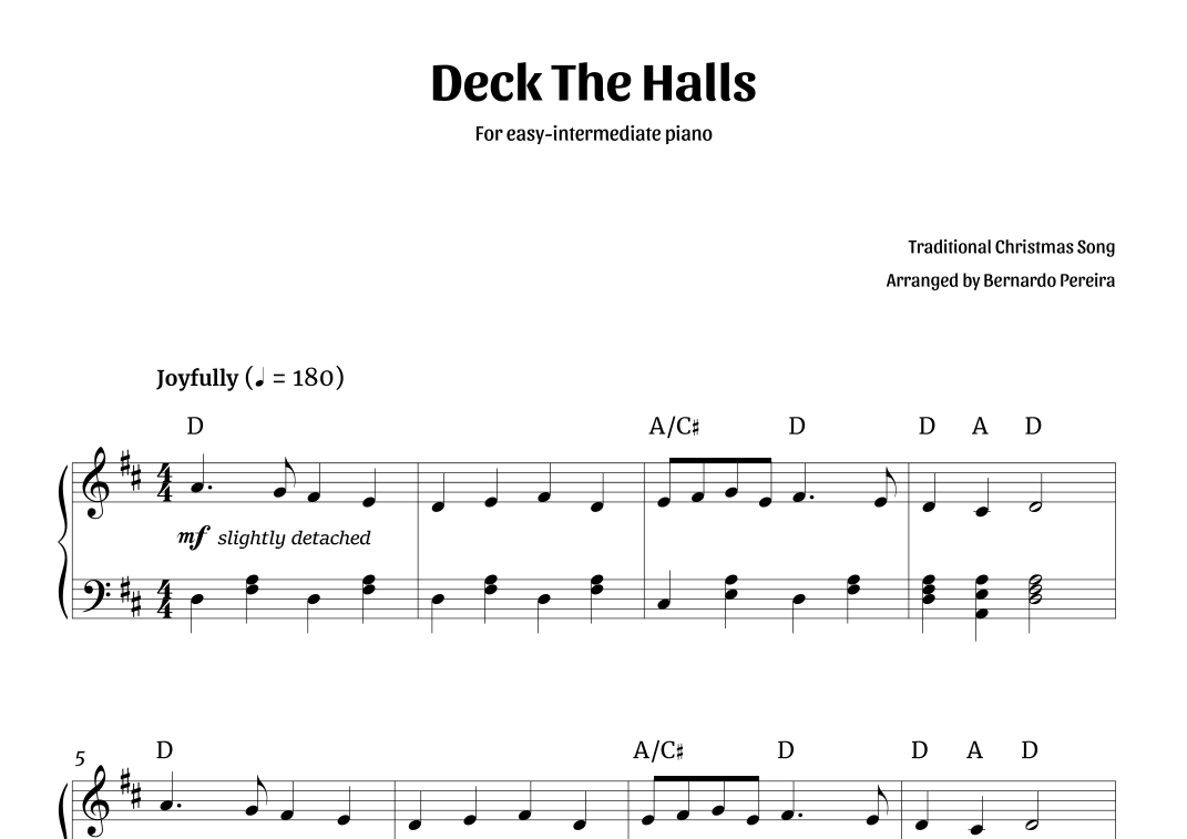Deck The Halls (easy-intermediate piano in D major – clean with chords ...