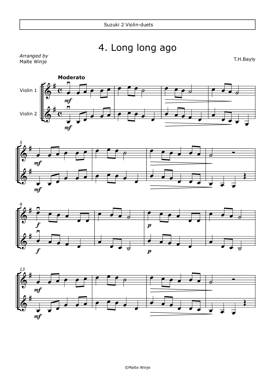 Long long ago (arr. Malte Winje) by Thomas Haynes Bayly Sheet Music for ...