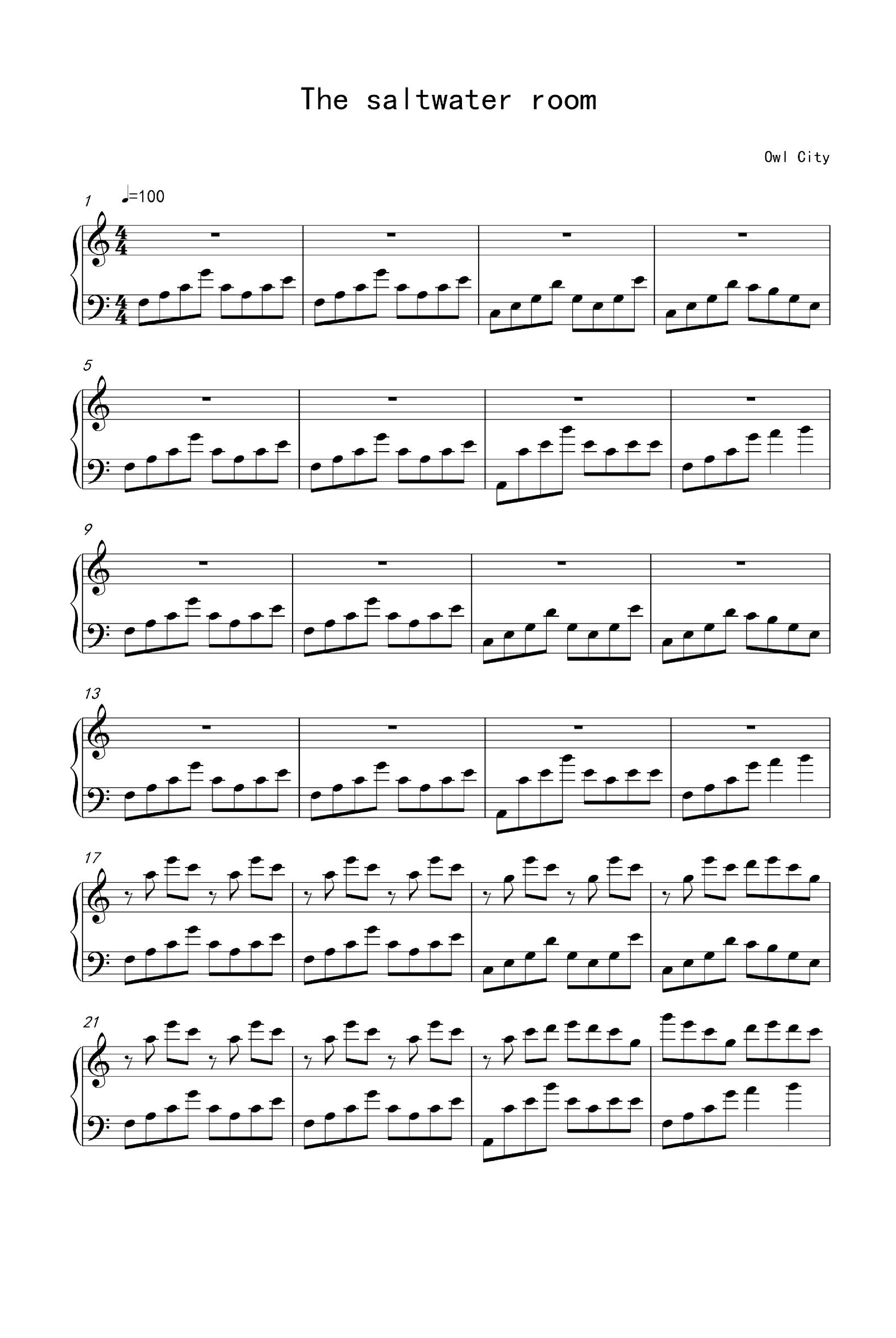 The Saltwater Room (arr. Owl City) by Owl City Sheet Music for Piano ...