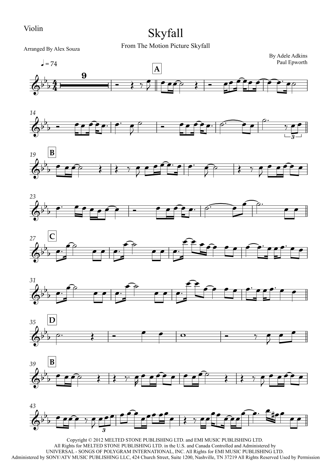 Skyfall (arr. Alex Souza) by Adele Sheet Music for Violin Solo at Sheet ...