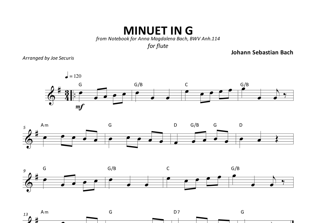 Minuet in G (arr. Joe Securis) by Johann Sebastian Bach Sheet Music for ...
