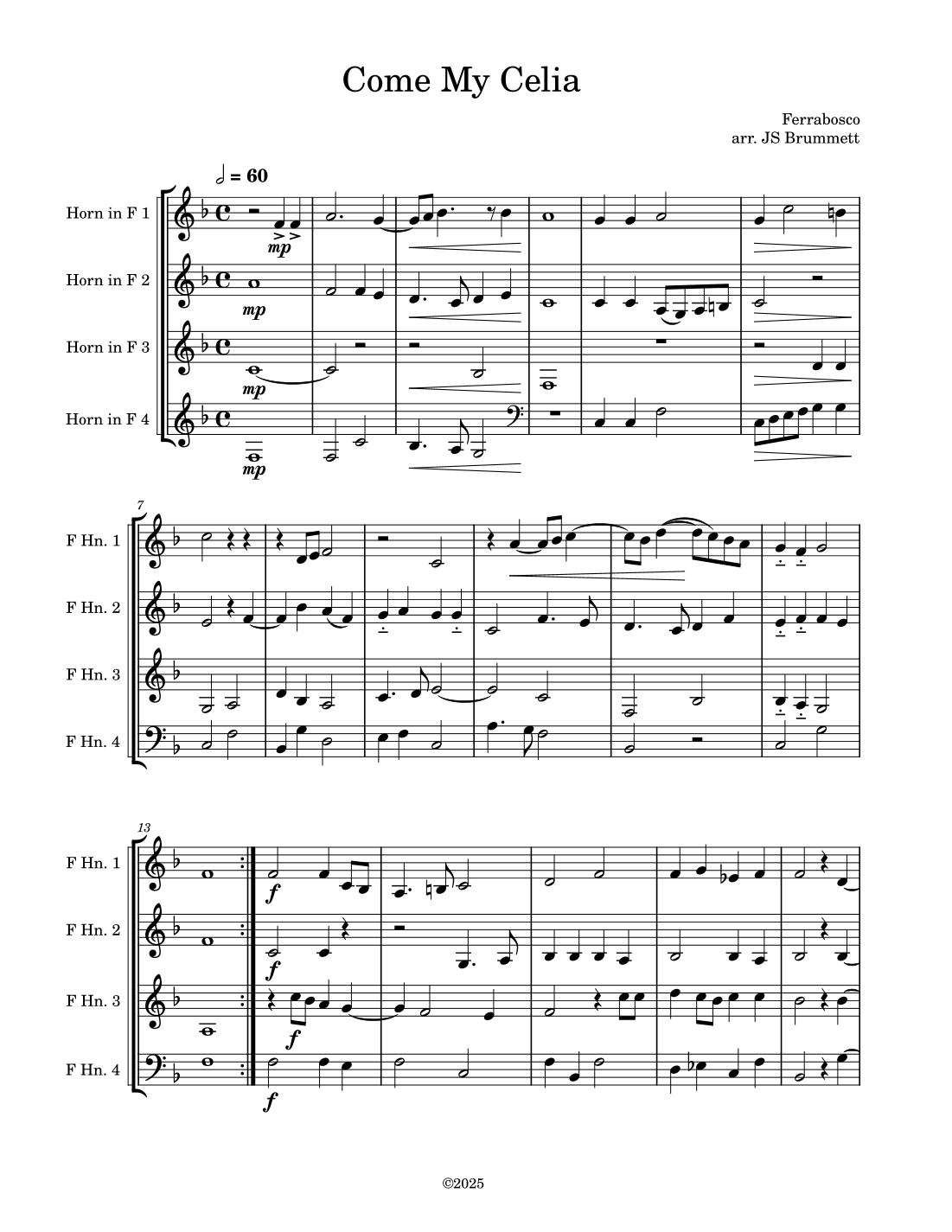 Come My Celia (arr. Jennifer Brummett) by Ferrabosco Sheet Music for ...