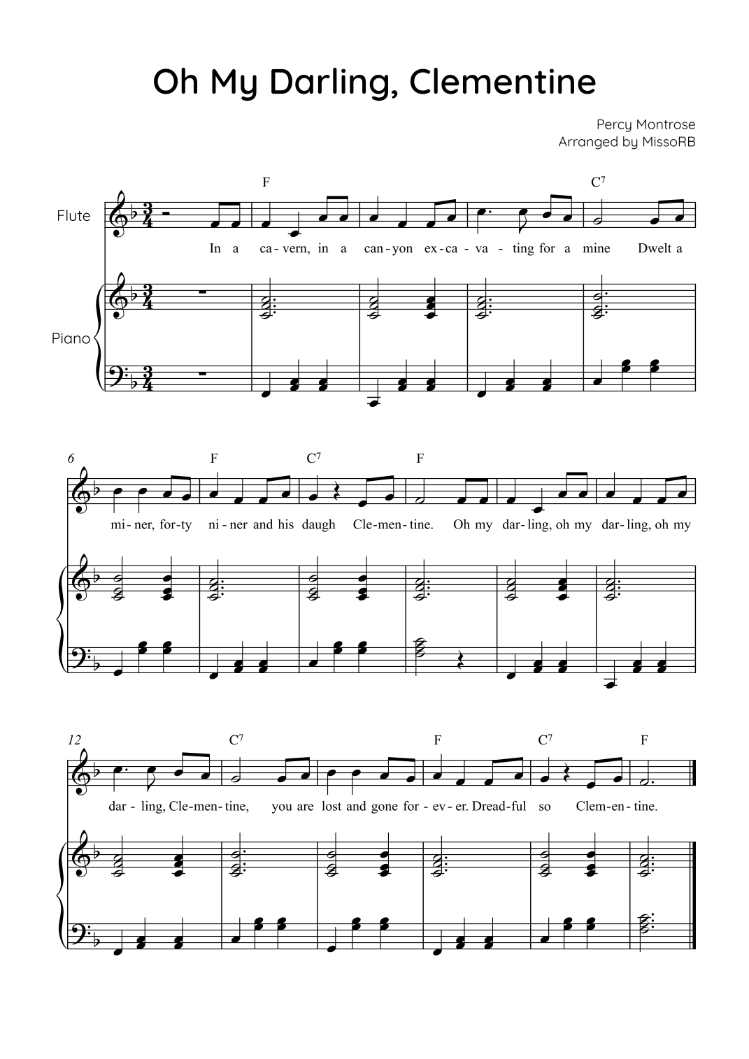 Oh My Darling, Clementine - Flute & Piano in F With Chords & Lyric ...