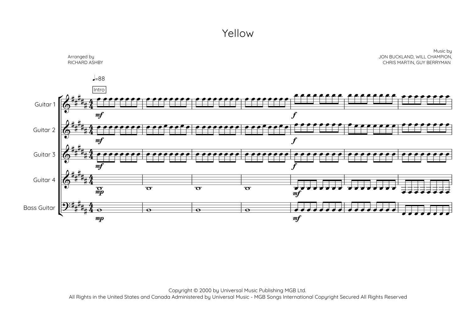Yellow (arr. Richard Ashby) by Coldplay Sheet Music for Guitar Ensemble ...