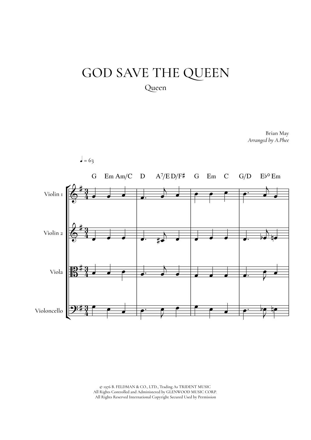 God Save The Queen (arr. Phee) by Queen Sheet Music for String Quartet ...