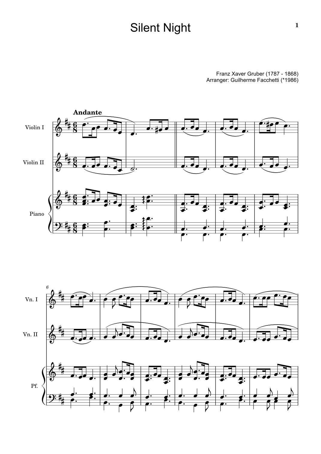 Silent Night - Violin Duet and Piano. With Parts. (arr. Guilherme ...