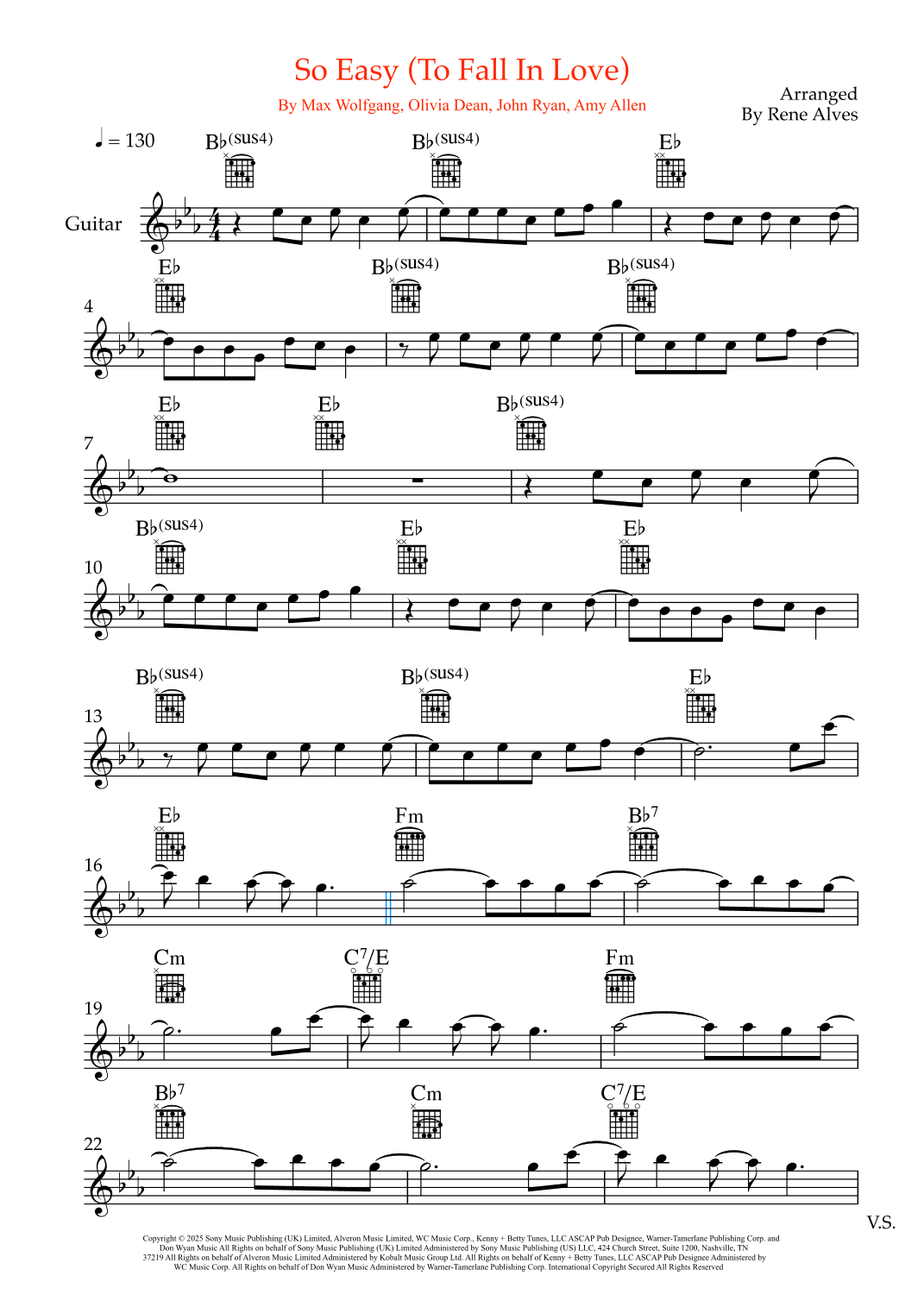 So Easy (To Fall In Love) (arr. Rene Alves) by Olivia Dean Sheet Music ...