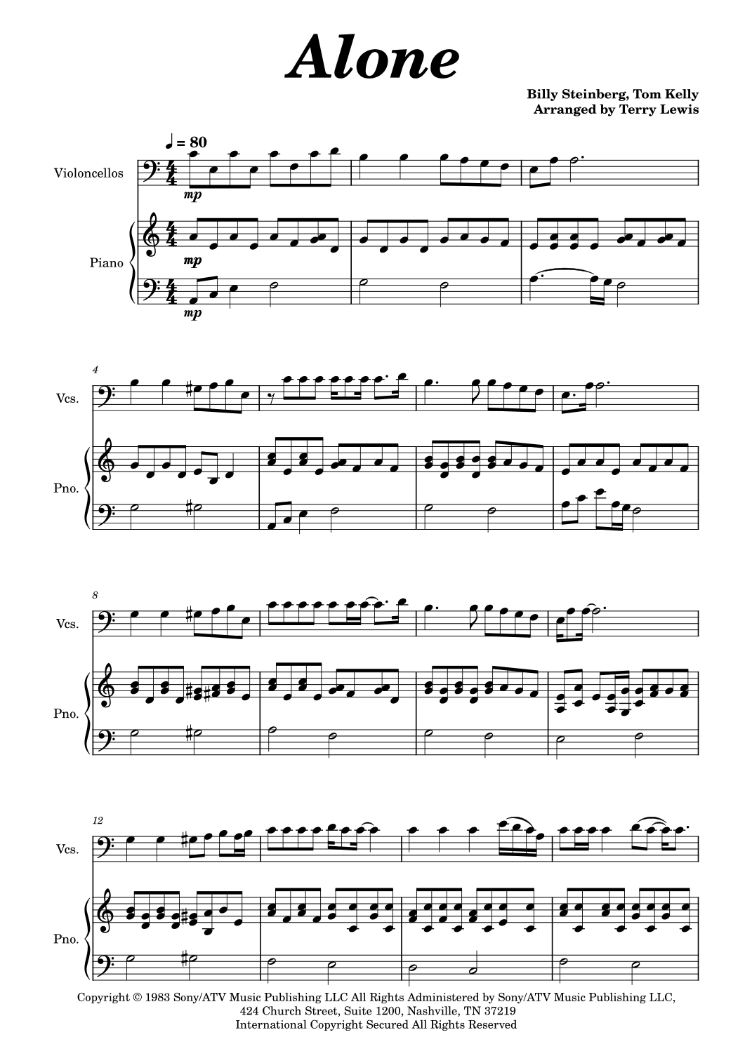 Alone (arr. Terry Lewis) by Celine Dion Sheet Music for Cello and Piano ...