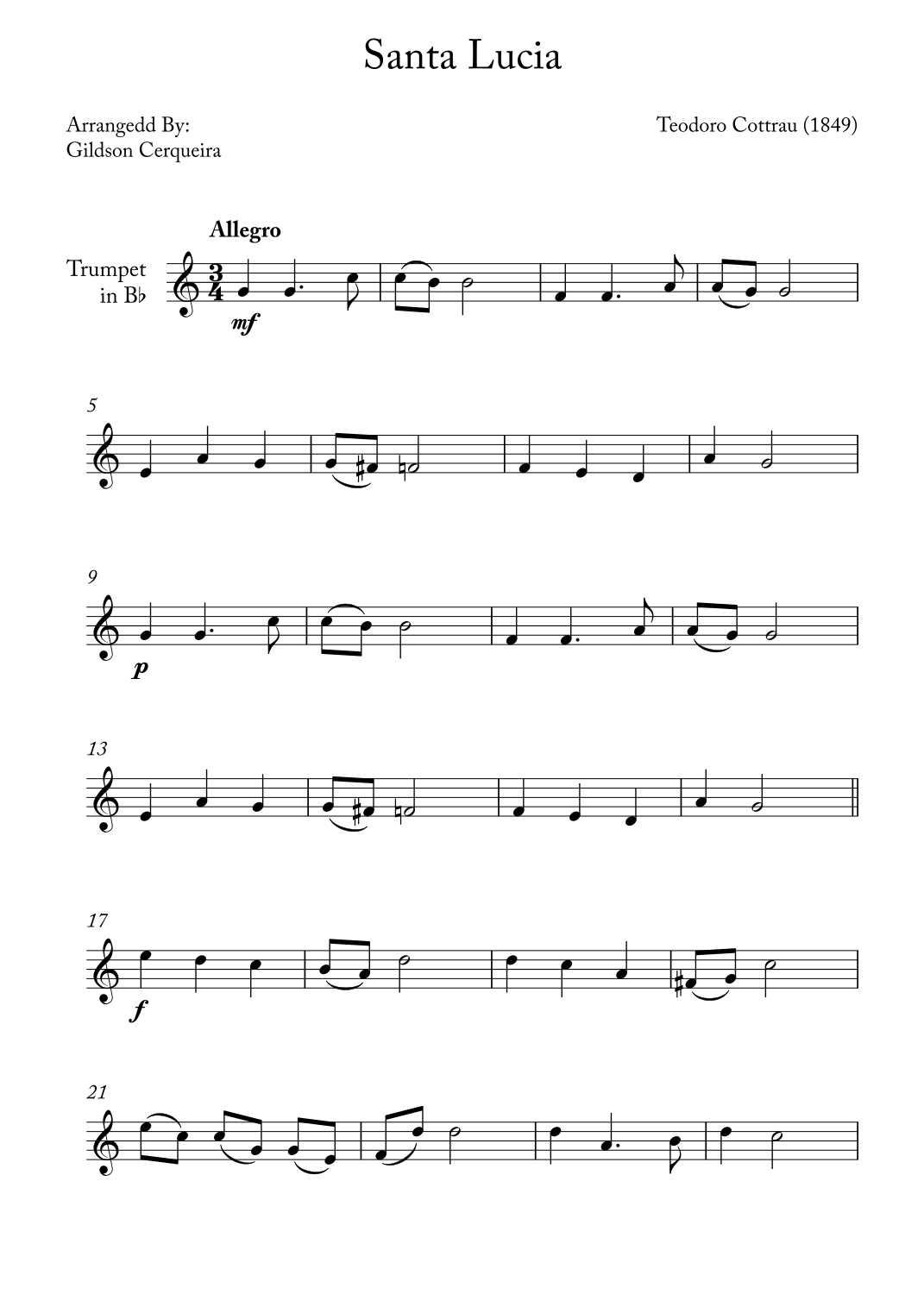 Santa Lucia (arr. Gildson Cerqueira) by Teodoro Cottrau Sheet Music for ...