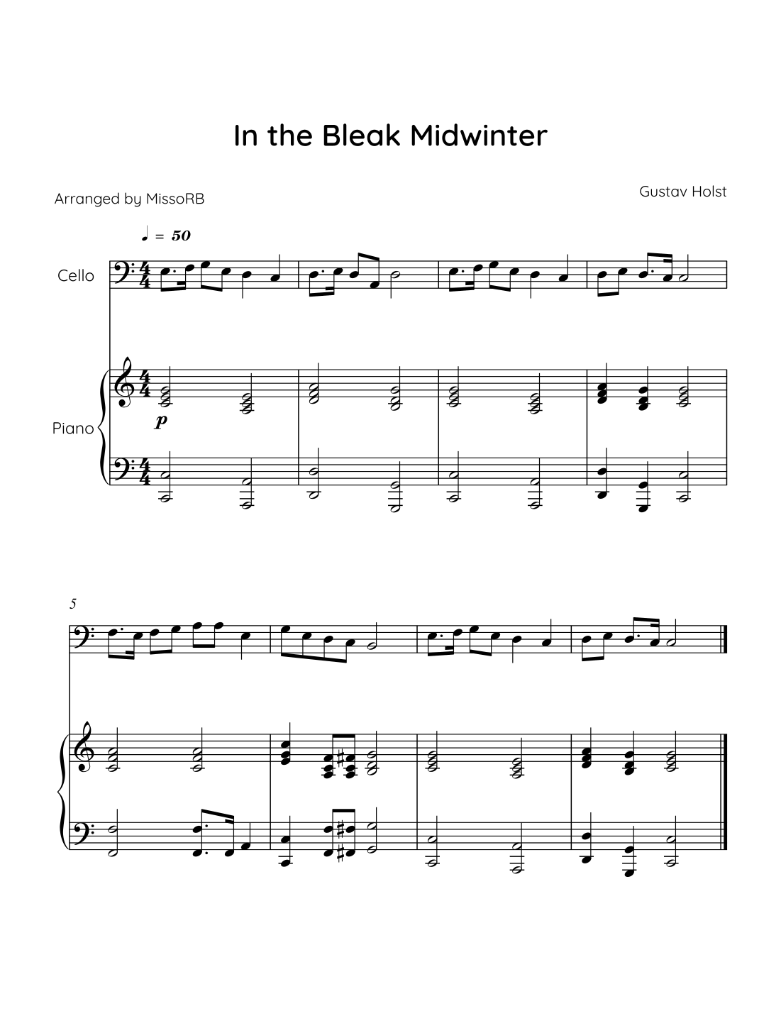 In The Bleak Midwinter - Cello & Piano in C Major - Easy (arr. MissoRB ...