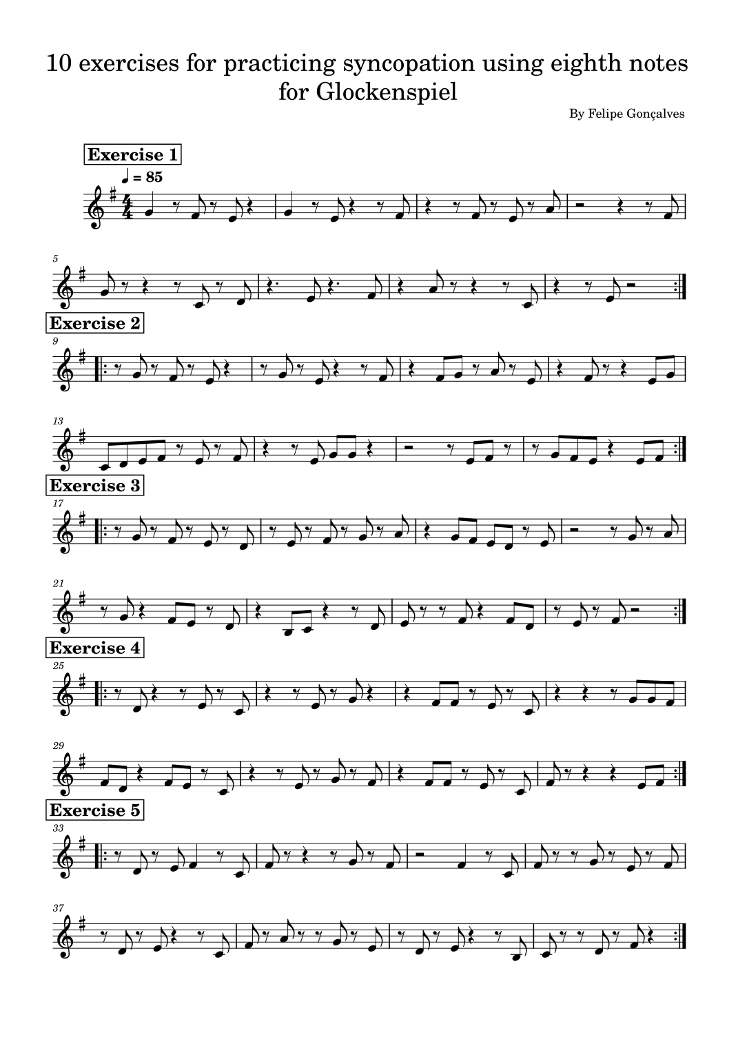 10 exercises for syncopation using eighth notes for glockenspiel in G ...