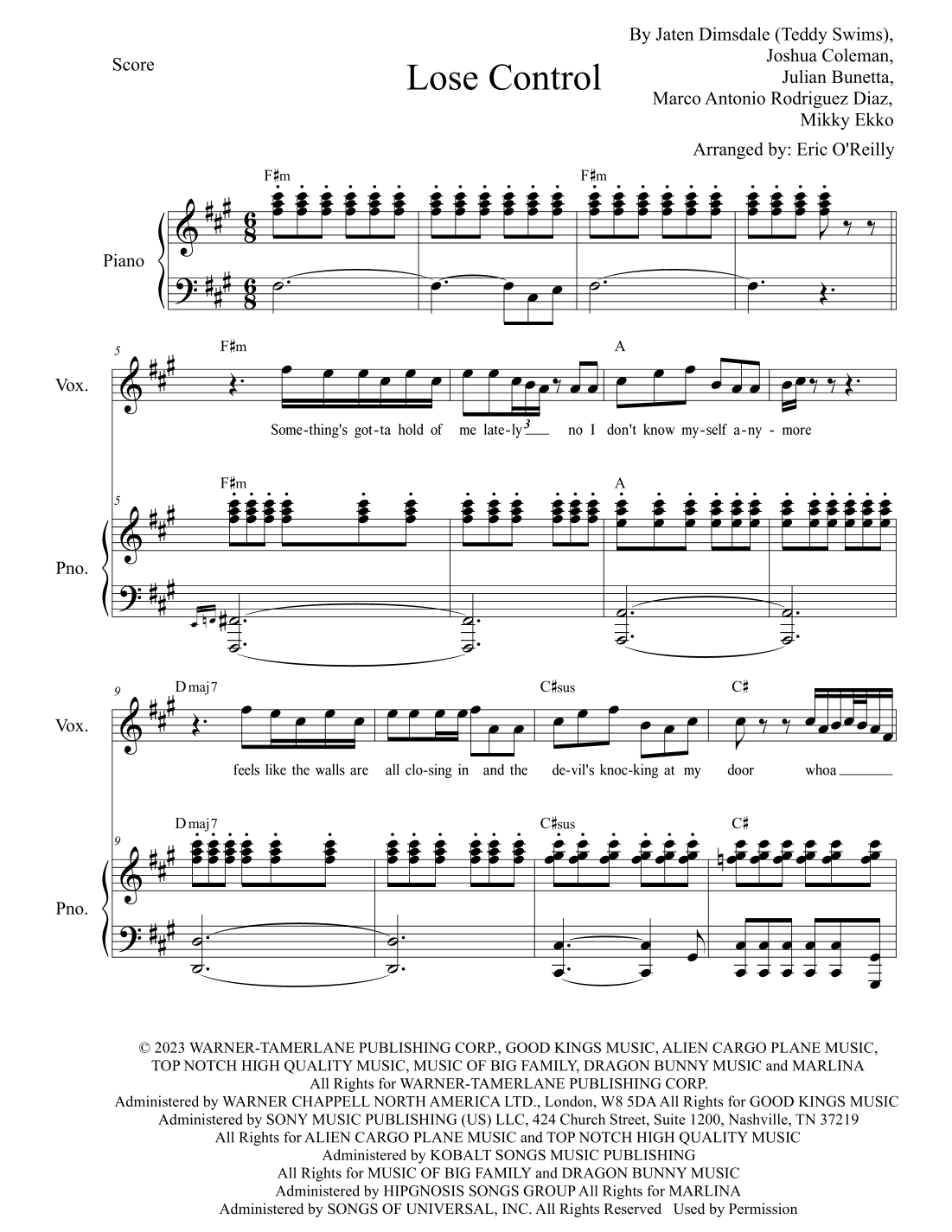 Lose Control (arr. Eric O'Reilly) by Teddy Swims Sheet Music for Piano ...