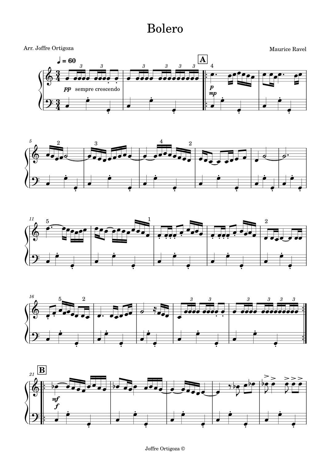 Boléro (arr. Joffre Ortigoza) por Maurice Ravel Partituras para Piano solo en Sheet Music Direct