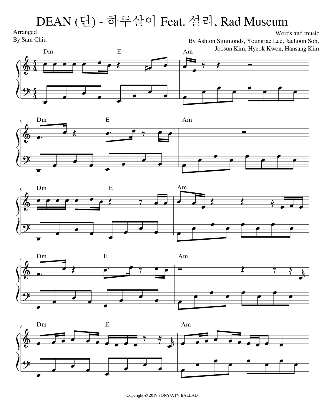 Dayfly (Feat Sulli & Rad Museum) (arr. Sam Chiu) por Dean Partituras ...
