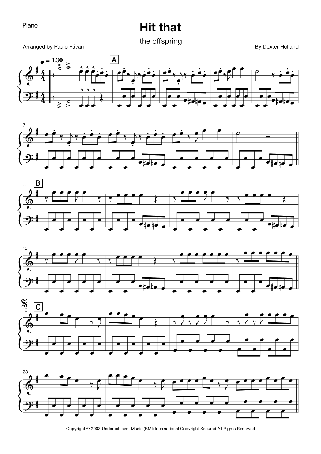 Hit That (arr. Paulo Fávari) by The Offspring Sheet Music for Easy ...