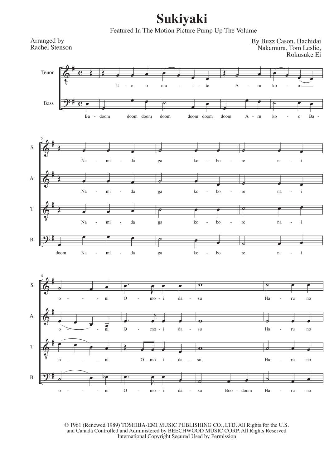 Sukiyaki (arr. Rachel Stenson) by Kyu Sakamoto Sheet Music for SATB ...
