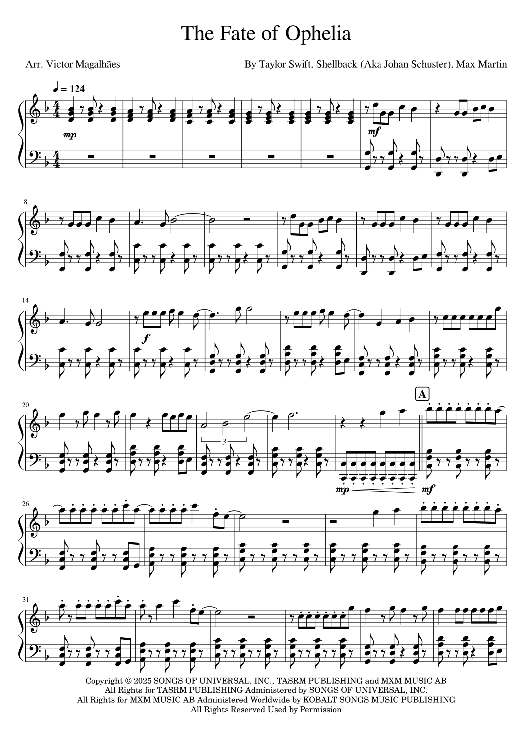 The Fate Of Ophelia (arr. Victor Magalhães) by Taylor Swift Sheet Music ...