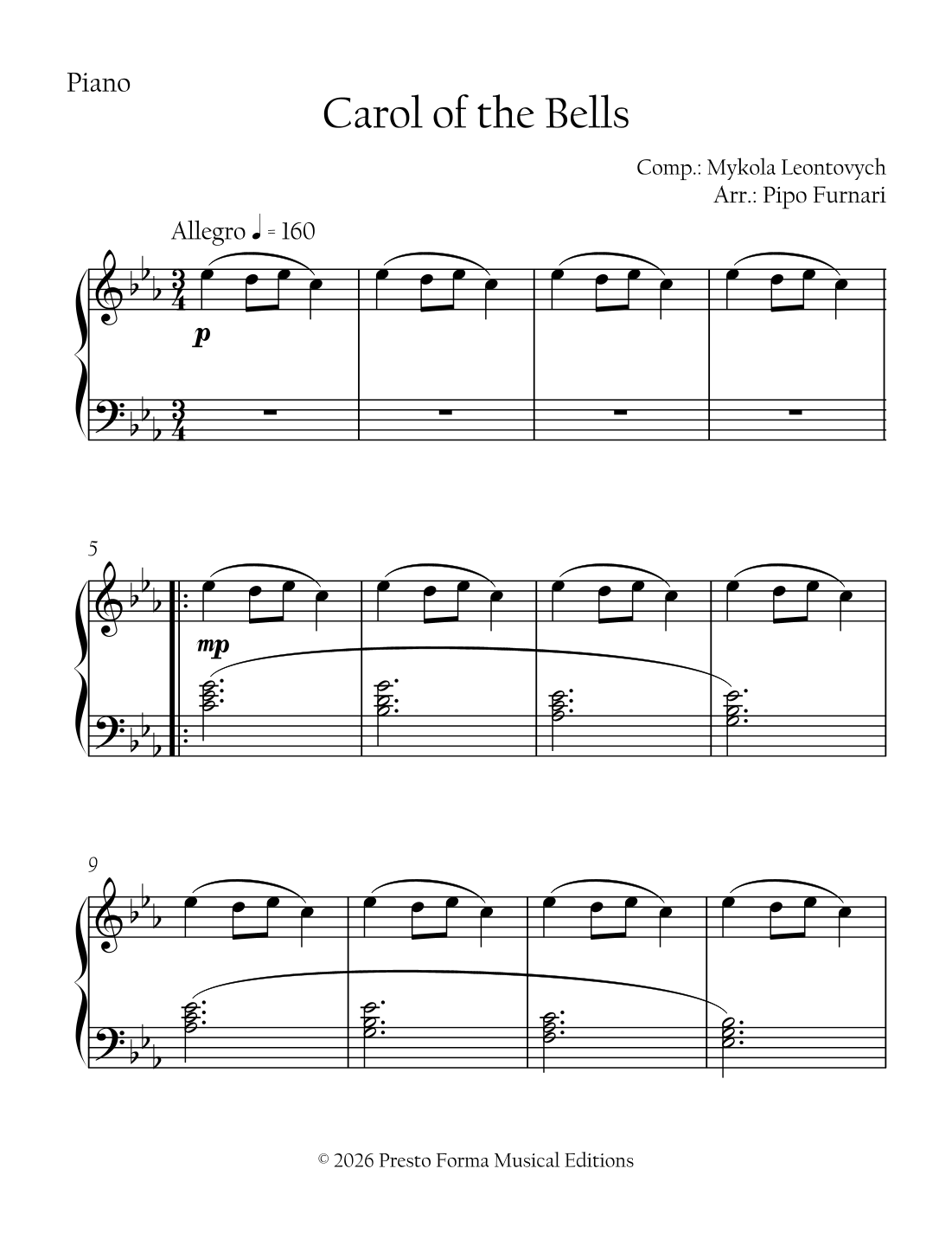 Carol of the Bells for Piano at Intermediate Level in Cm (arr. Pipo ...