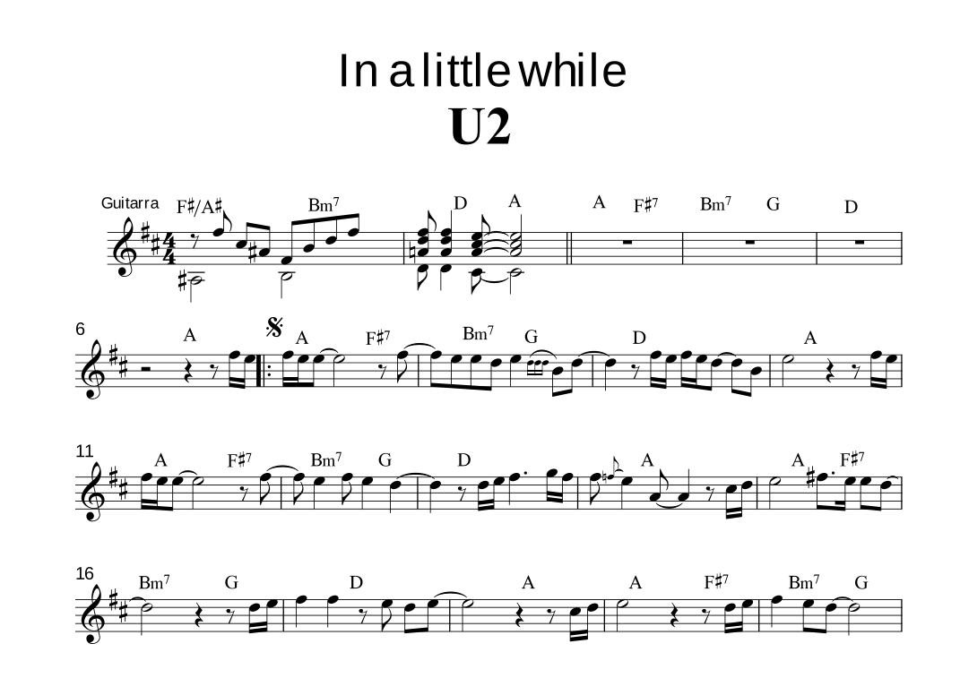 In A Little While (arr. Luiz Anthony) by U2 Sheet Music for Lead Sheet ...