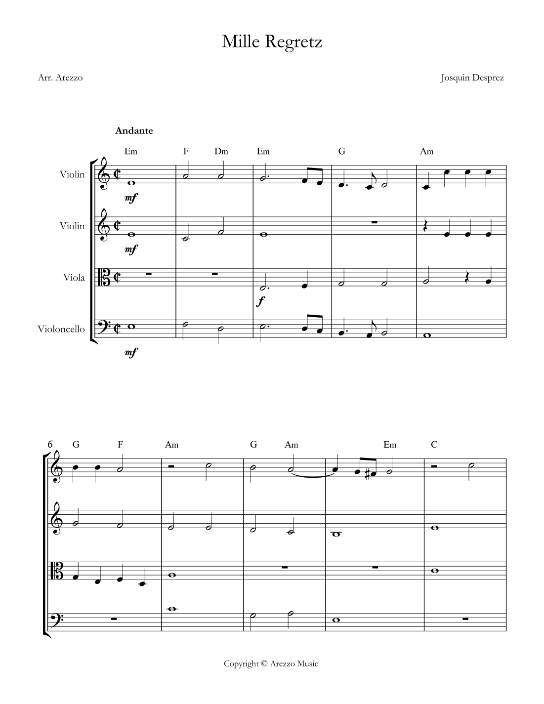 Josquin des Prez – Mille Regretz | String Quartet Sheet Music with ...