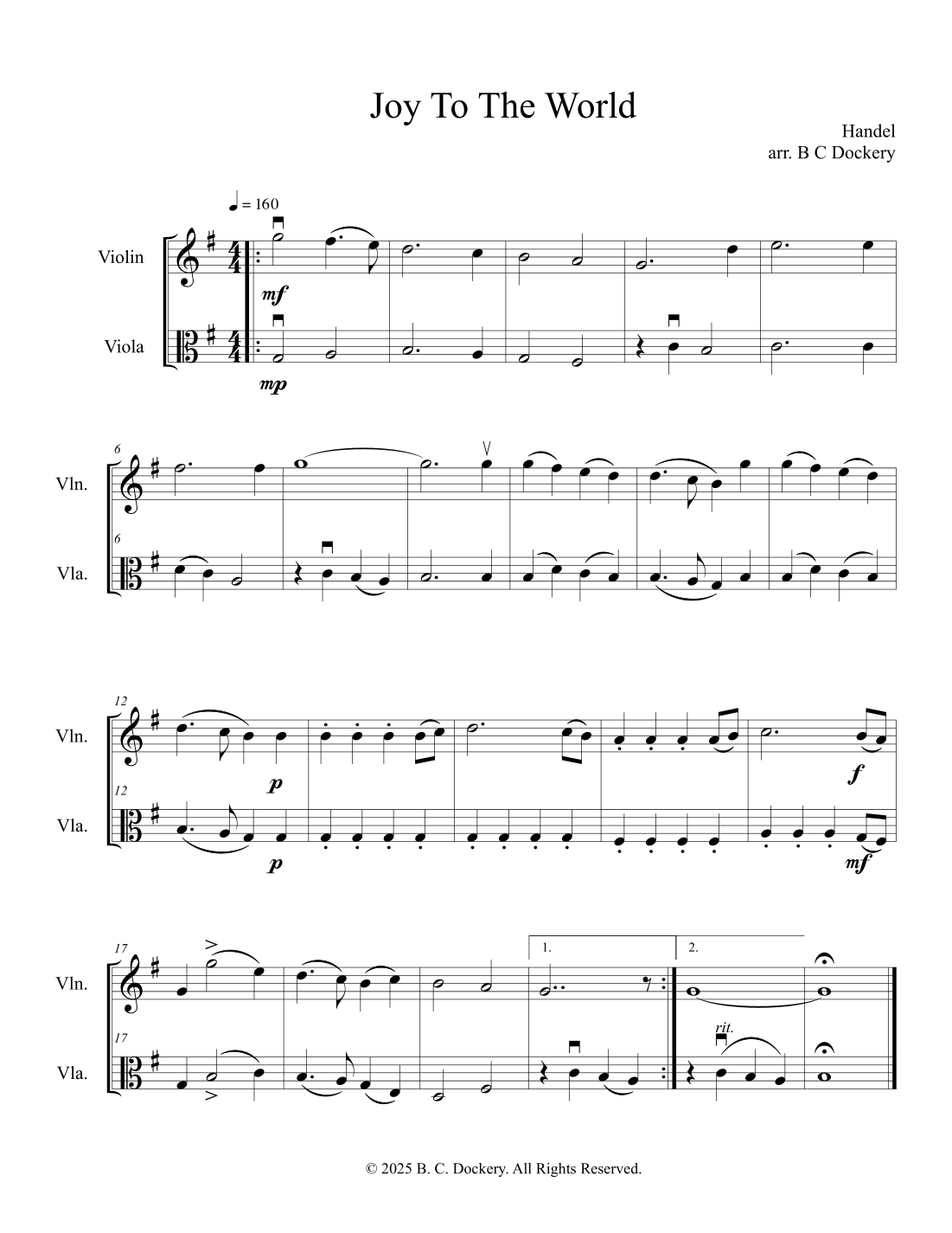 Joy to the World (Violin and Viola Duet) (arr. B. C. Dockery by Handel ...