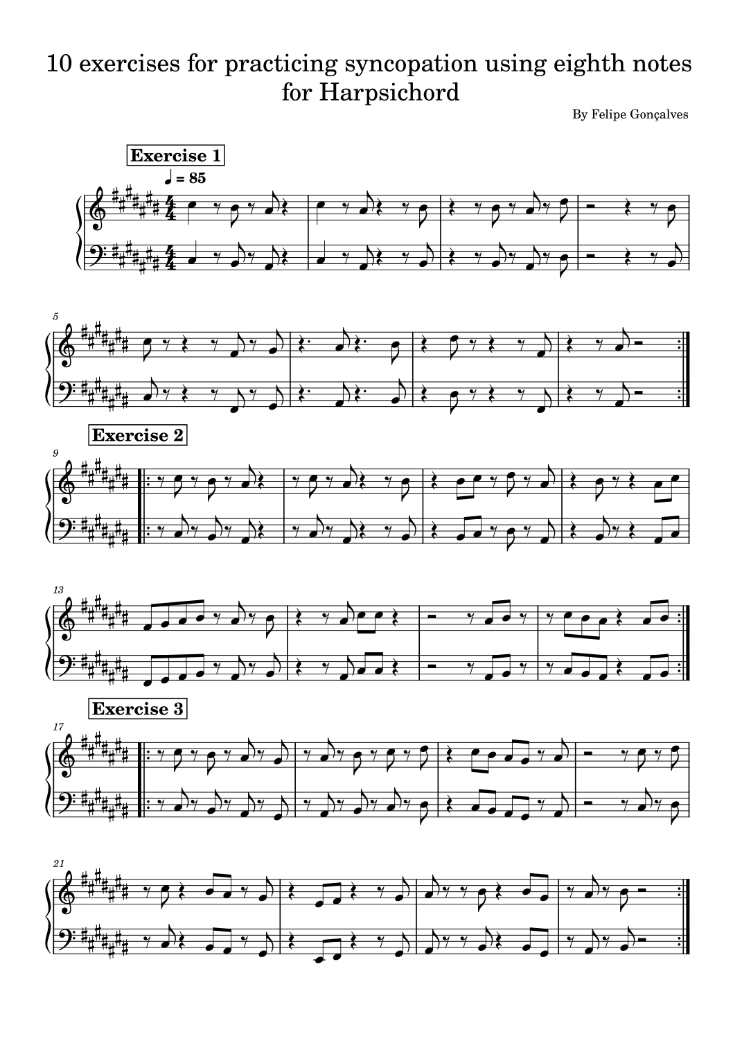 10 exercises for syncopation using eighth notes for Harpsichord in C# ...